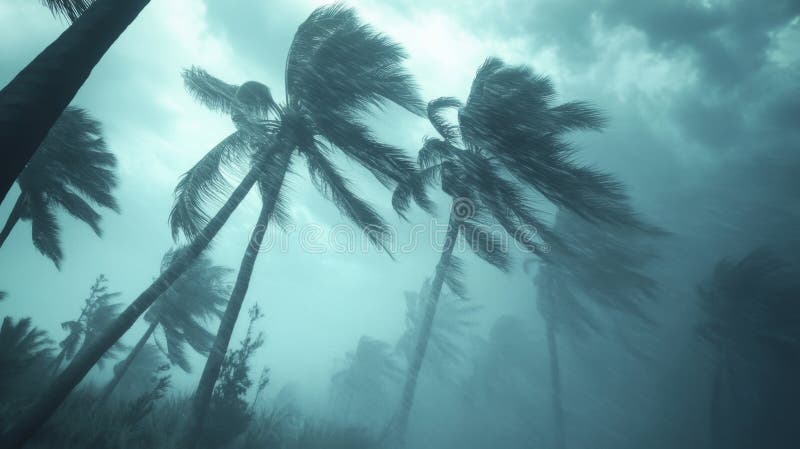 Powerful Tropical Storm with Strong Winds and Palm Trees Stock Illustration - Illustration of ...