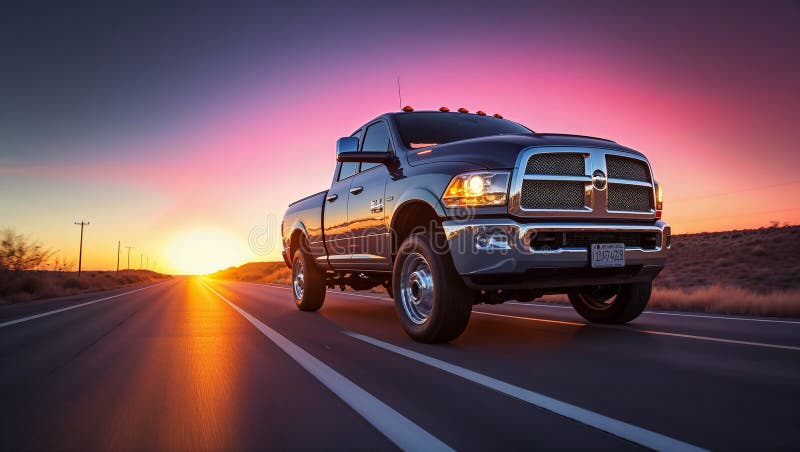 Powerful Truck Driving into Vibrant Sunset Stock Illustration ...