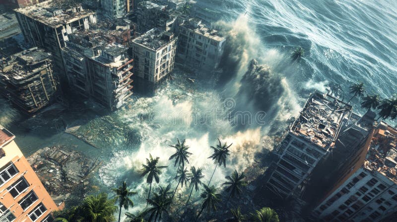 A Powerful Tsunami Devastates a Coastal City, Destroying Buildings and ...