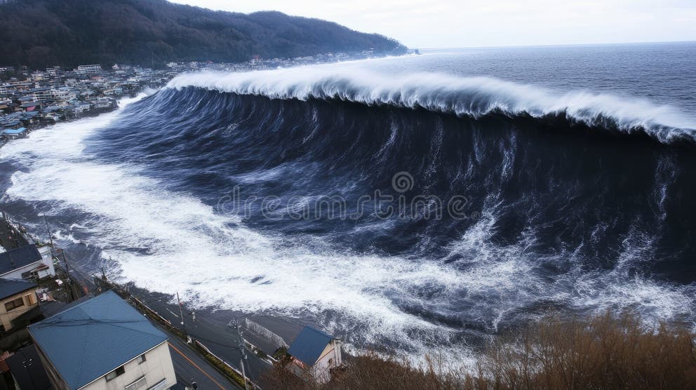 Powerful Tsunami Wave Approaching Land Stock Illustration - Illustration of travel, coast: 393030496