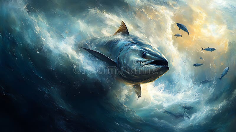 Powerful Tuna Breaching Ocean Waves, Dramatic Lighting, School of Fish ...