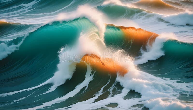 Powerful, Turquoise-colored Ocean Waves Curl and Crest, Illuminated by ...