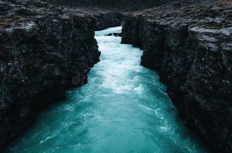 Powerful Turquoise River Flowing through Rugged Black Cliffs Stock ...