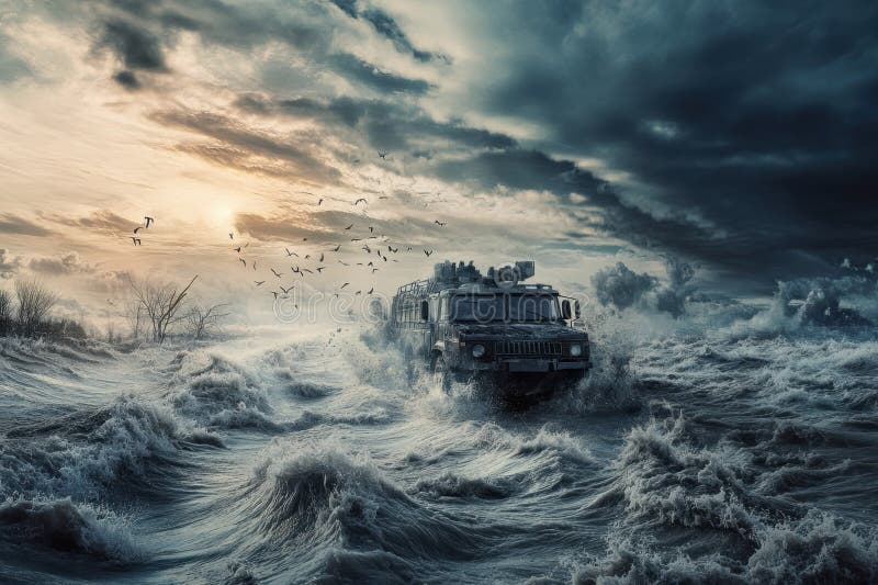 Powerful Vehicle Navigating through Turbulent Floodwaters during a ...