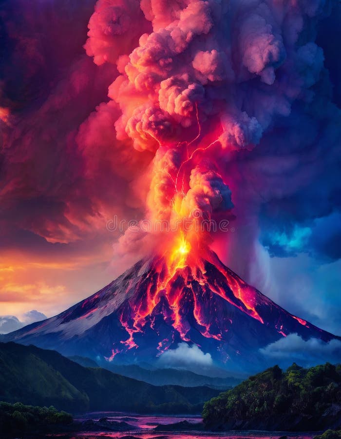 Explosive Volcanic Eruption with Vivid Lightning Strikes Stock Image ...