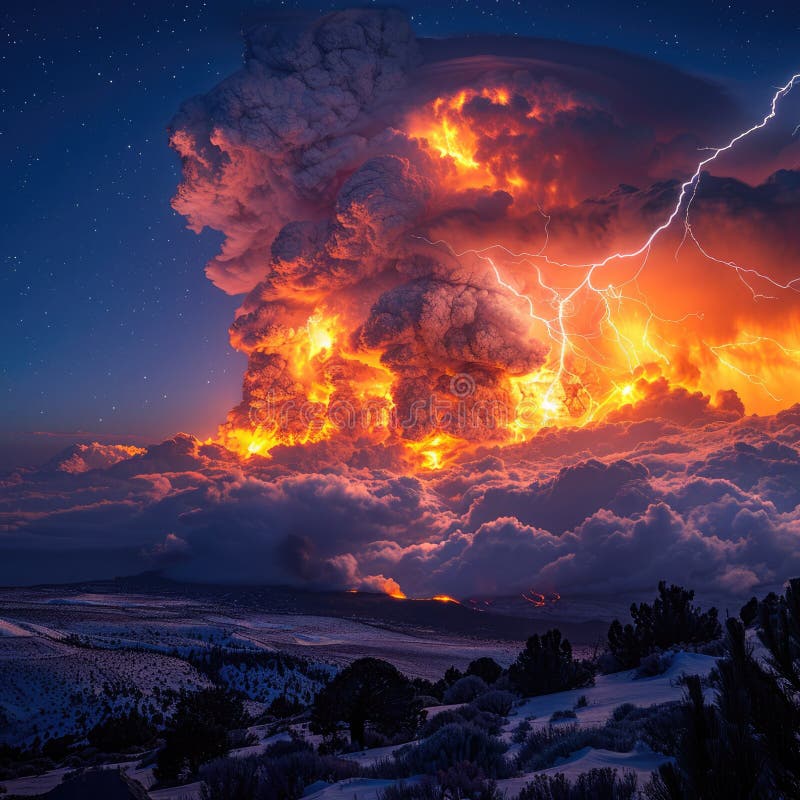 Majestic Volcanic Eruption with Lightning Illuminating the Night Sky ...