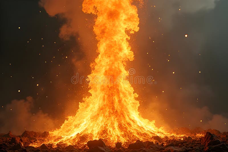 Volcano Erupting at Night with Exploding Lava, Fire, and Dark Smoke ...