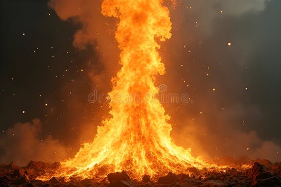 Volcano Erupting at Night with Exploding Lava, Fire, and Dark Smoke Plume Stock Illustration ...
