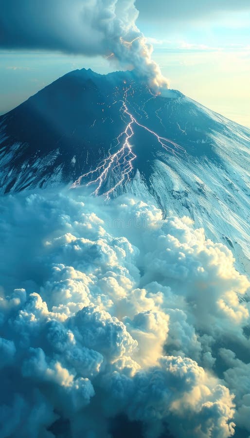 Majestic Volcano Erupting with Lightning Striking Amidst a Dramatic ...