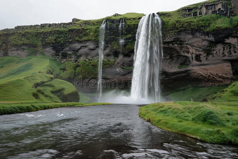 Powerful Waterfall Cascading Over a Sheer Cliff Face in Iceland Stock ...