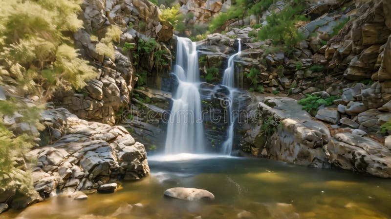 A Powerful Waterfall Flowing Down Rocks in a Rugged Landscape, a ...