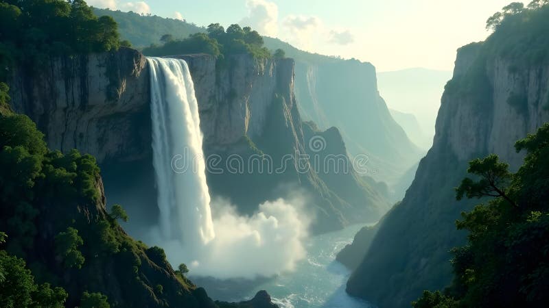 Majestic Waterfall Cascading Down Cliffs in a Serene Valley during the ...