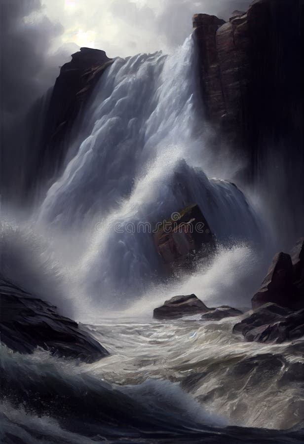 Powerful Waterfall among Gloomy Rocks Under Moonlight. AI Generated ...