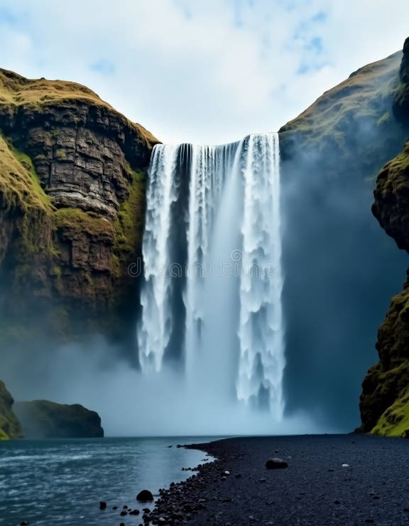 A Powerful Waterfall Plunges Dramatically from High Cliffs into a ...