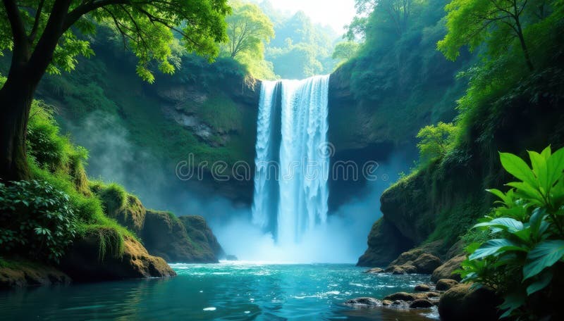 Powerful Waterfall Plunging through Dense Jungle , Untamed, Waterfall ...