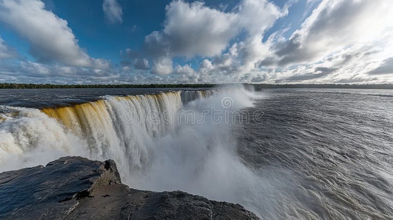 Powerful Waterfall Plunging Over Cliff Edge on a Cloudy Day Stock Image ...