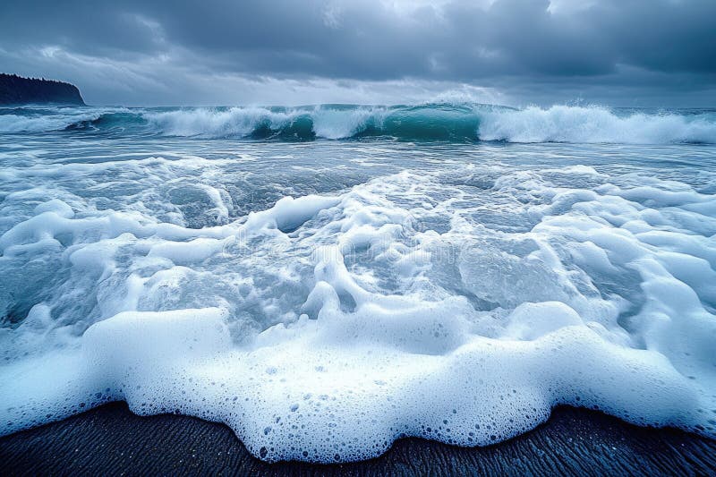 A Powerful Wave Breaks Against the Rocks on a Cloudy Day, with Water ...
