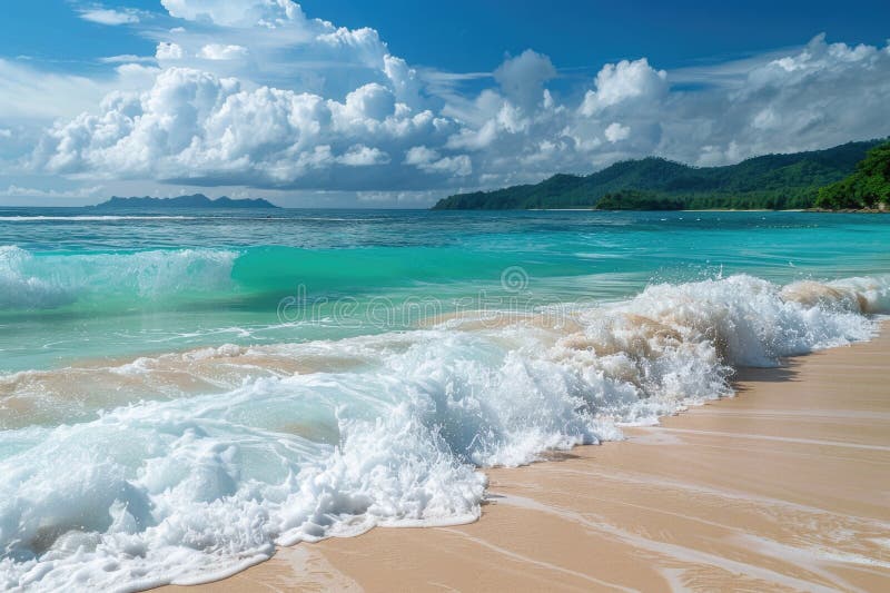 A Powerful Wave Crashes Onto a Sandy Beach, with the Ocean Water ...