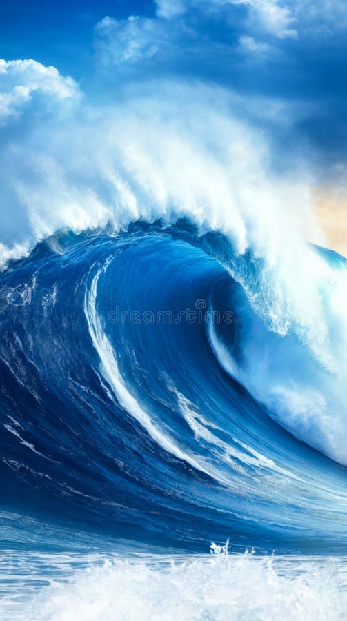 A Powerful Wave Rises Dramatically, Breaking at the Shoreline with ...