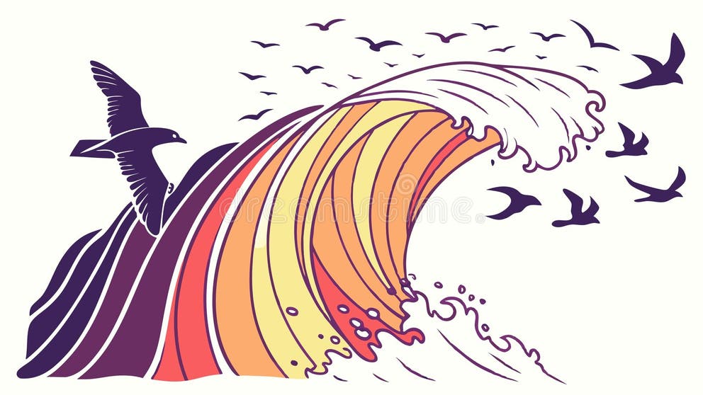 Powerful Wave with Soaring Birds, Dynamic Nature Scene, Vector Design ...