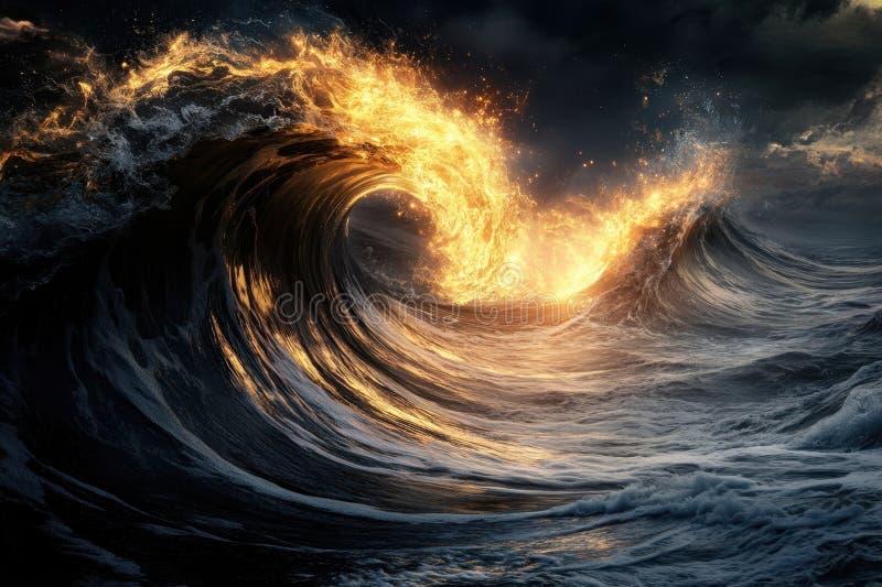 Powerful Waves Ablaze with Fire during a Dramatic Sunset Over the Ocean ...