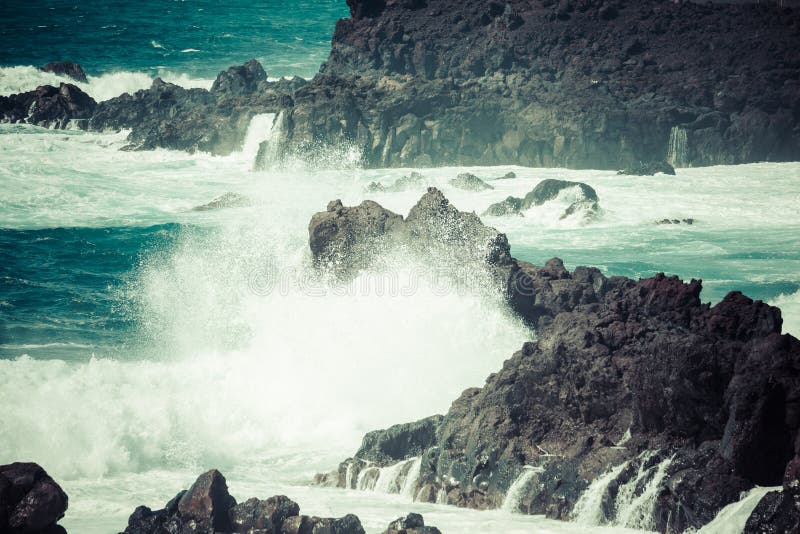 Powerful Waves of Atlantic Ocean Near Tenerife Coast, Focus on W Stock ...