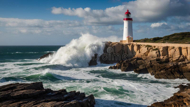 Waves Breaking on a Rock with a Lighthouse. Waves Crashing on Rocks ...