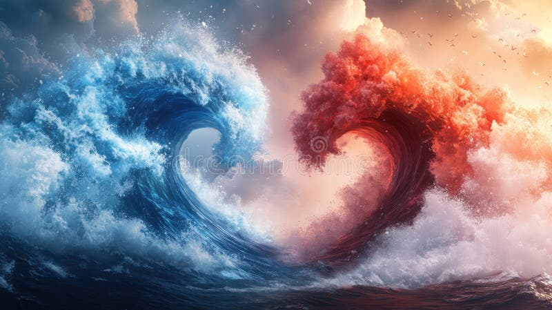 Powerful Waves Clash in Blue and Red, Creating Stunning Visual Contrast ...