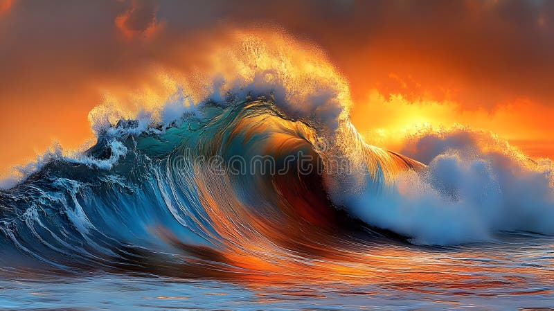 Powerful Waves at Colorful Sunset Over Ocean Stock Illustration ...