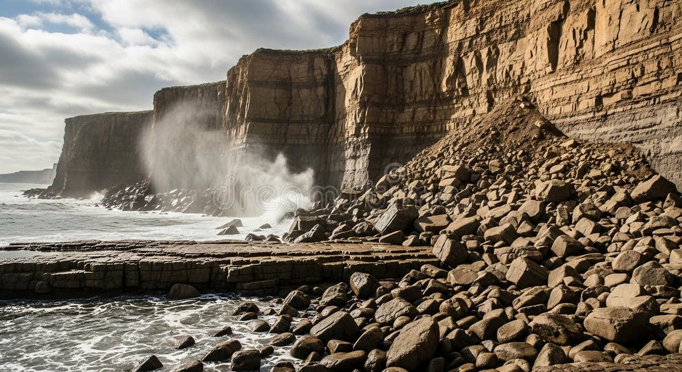 Powerful Waves Crash Against Dramatic Cliffs and a Landslide of Rocks ...