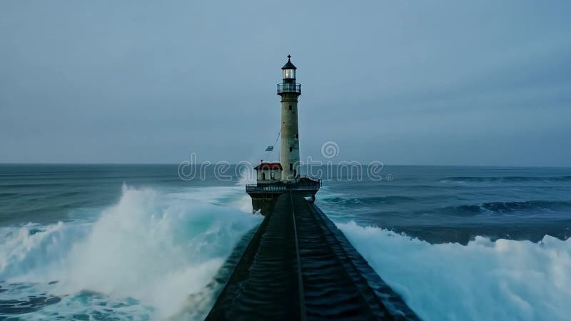 Intense Ocean Storm Waves Hitting Lighthouse Pier at Dusk Stock Video ...
