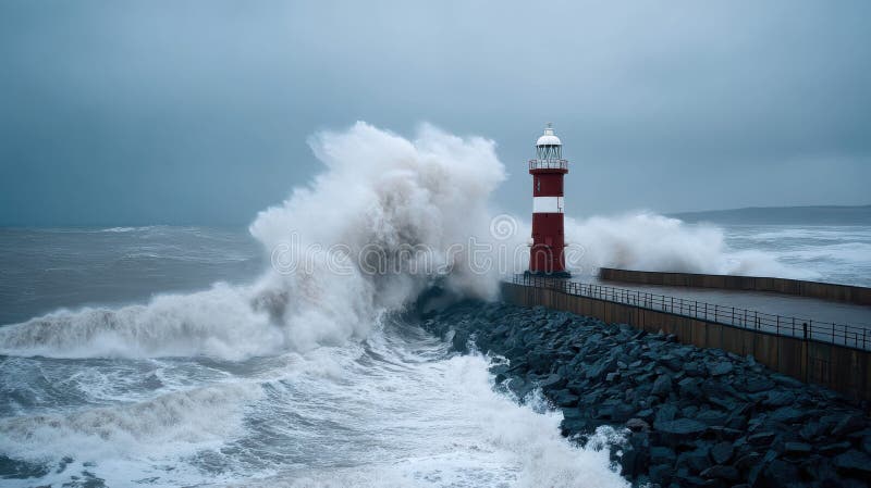 Powerful Waves Crash Against Lighthouse during Storm Stock Illustration ...