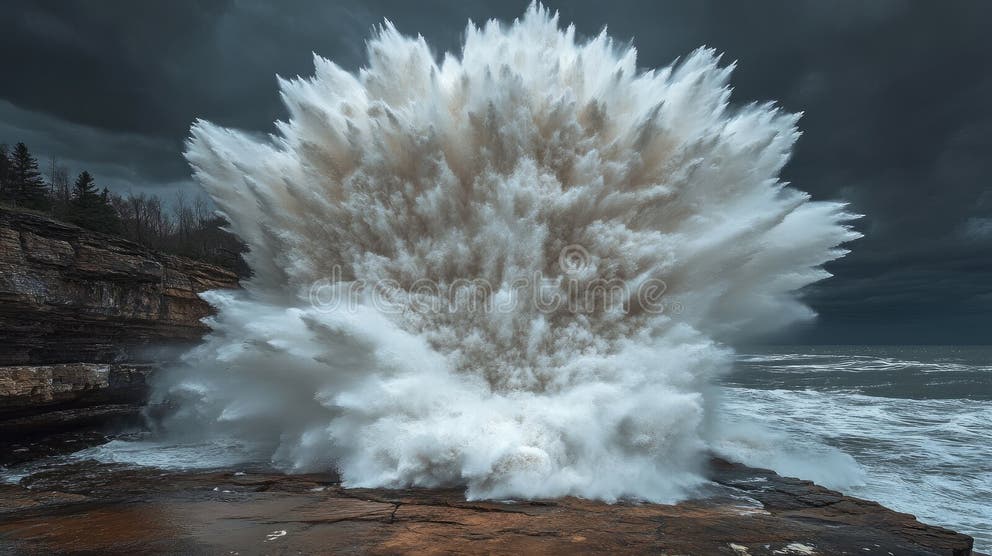 Powerful Waves Exploding Against a Rocky Shore Stock Illustration ...