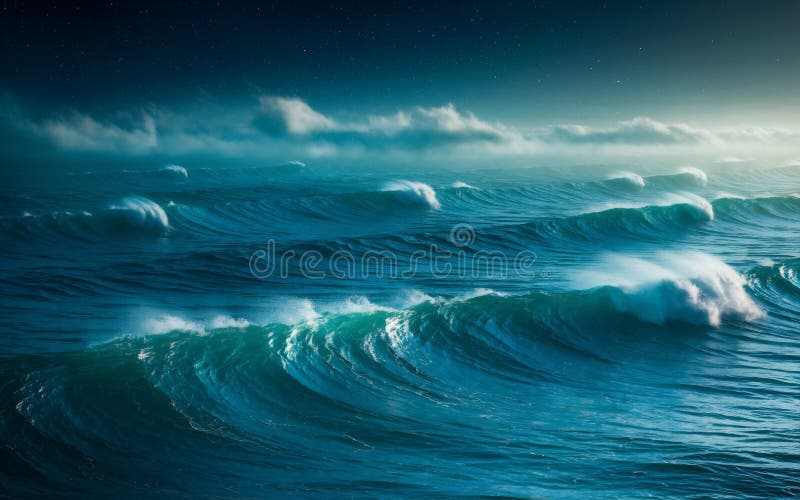 Powerful Waves Rise and Fall Under a Starry Night Sky, Creating a ...