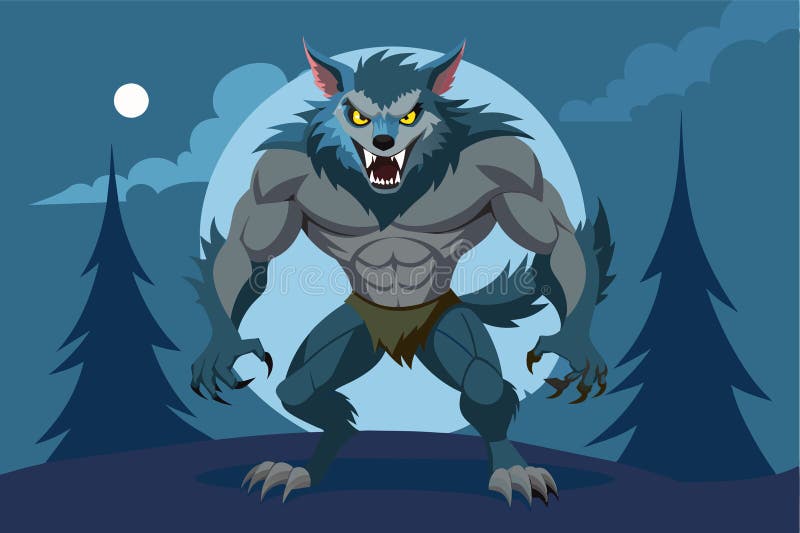 A Powerful Werewolf Stands in a Dark Forest Under a Bright Full Moon ...