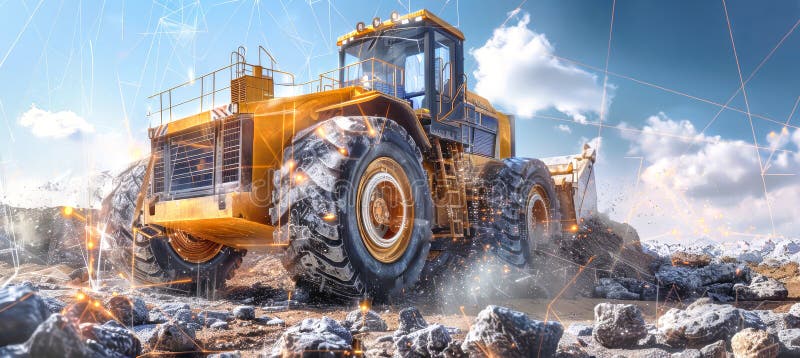A Powerful Wheel Loader Moves Rocks on a Construction Site. Futuristic ...