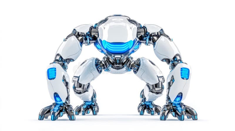 Powerful White Robot Standing on Transparent Background with Blue ...