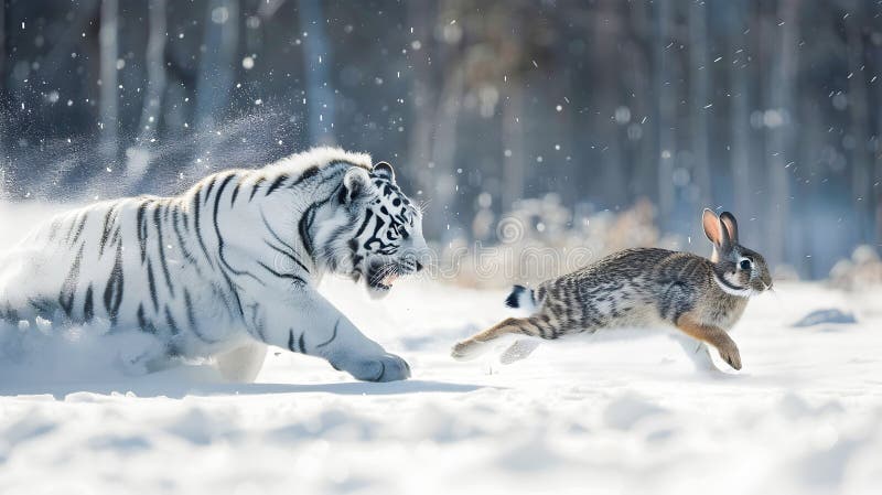 Powerful White Tiger Aggressively Chasing a Swift Rabbit through a ...