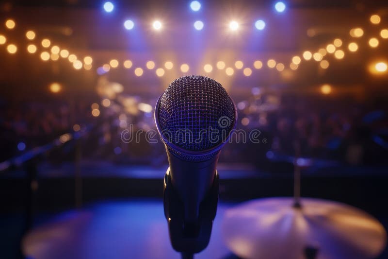 Powerful Wide Angle Shot of a Microphone Ready for Performance on Stage ...