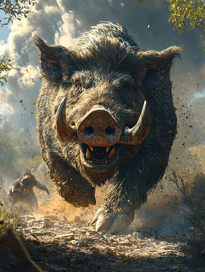 A Powerful Wild Boar Charges through a Dusty Forest Path a Dramatic ...