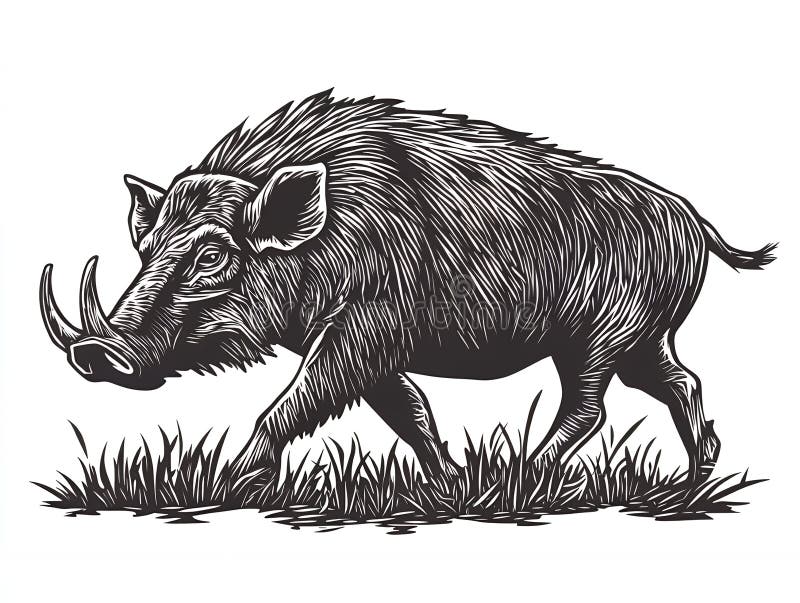 Powerful Wild Boar Walking through Grassland Artistic Line Art ...
