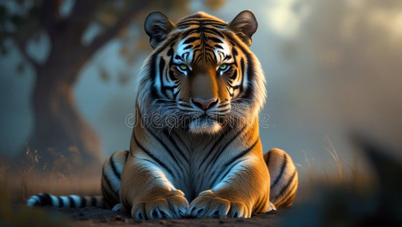 Powerful Wild Tiger Relaxing in a Mystical Forest Stock Illustration ...