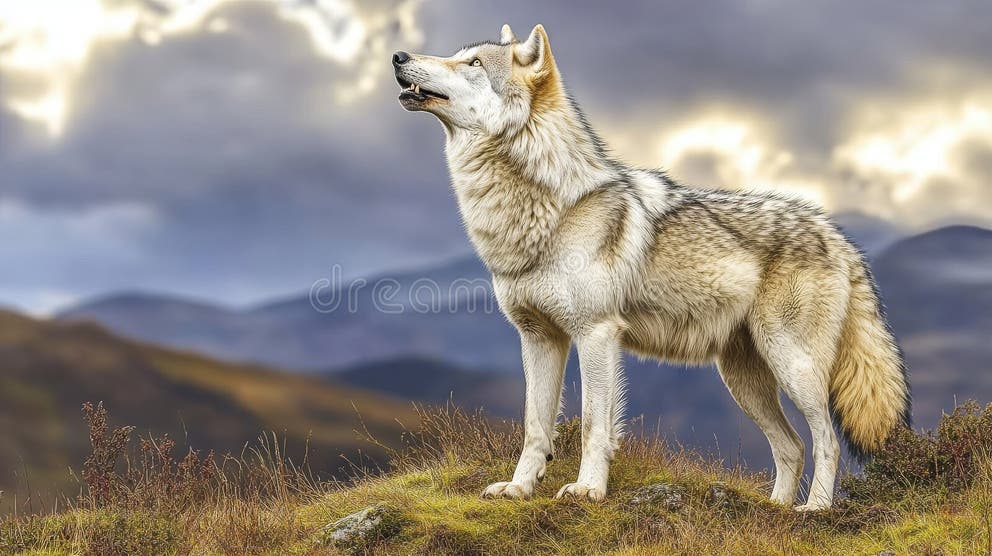 A Powerful Wild Wolf Facing a Backdrop of Towering Mountains and a ...