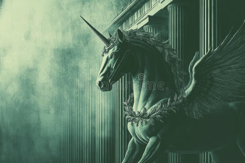 Powerful Winged Unicorn Statue with a Laurel Wreath, Exuding an Aura of ...