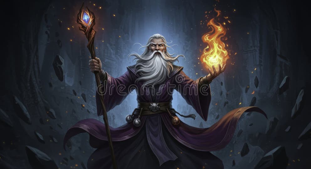 Powerful Wizard Casting Fire Magic Spell in Dark Fantasy Setting Stock ...