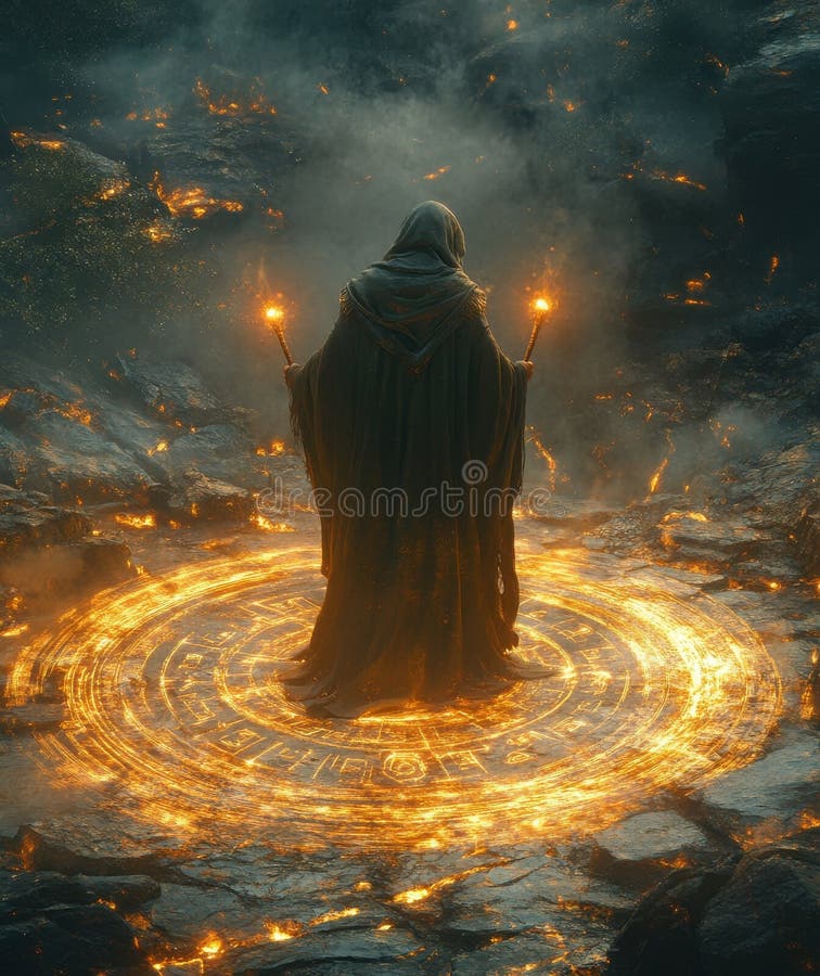 A Powerful Wizard Casts a Spell within an Intricate Magical Circle ...