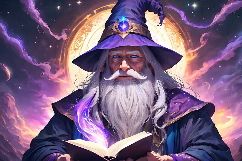 A Powerful Wizard Reads a Magic Book. Generative AI. Stock Illustration ...