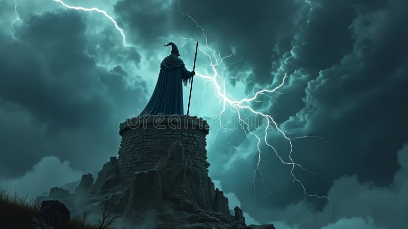 Wizard on a Tower during a Thunderstorm Stock Video - Video of ruin ...
