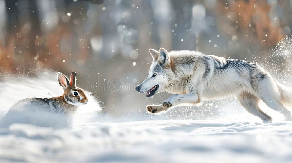 Powerful Wolf Relentlessly Chasing a Nimble Rabbit through the Snowy ...