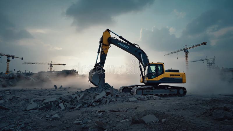Powerful Yellow Excavator Scooping Debris at a Construction Site during ...